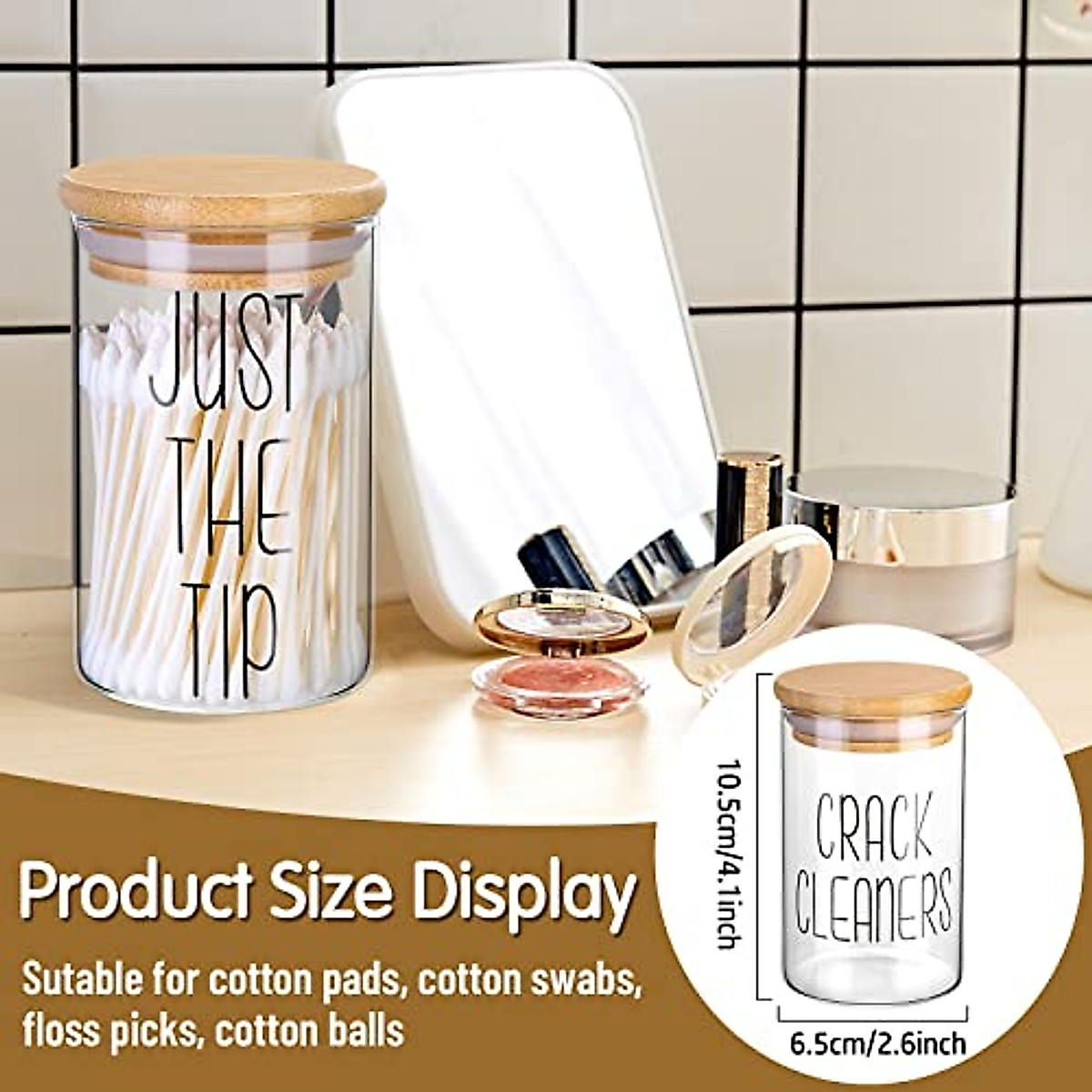 4 Pack Qtip Holder Glass Dispenser with Bamboo Lids for Bathroom Organization, Apothecary Jars for Cotton Ball Holder and Bathroom Canister Storage Great for Cotton Swabs, Balls, Floss, Bathroom Décor