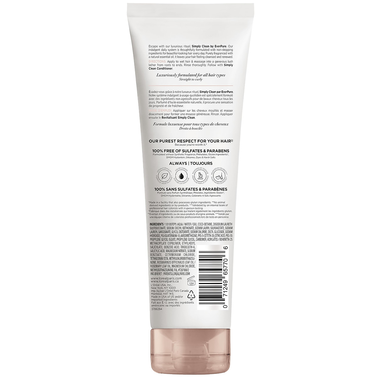 L'Oreal Paris EverPure Sulfate Free Simply Clean Shampoo, Hydrating Hair Care with Rosemary Essential Oils, 8.5 Fl Oz