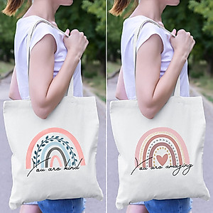 2 Pieces Rainbow Canvas Bag Inspirational Boho Tote Bag with Zipper Back to School Gift for Girls Kids Thank You Gift for Teacher Reusable Canvas Bag for Girls Women Daughter Bff Birthday Favors