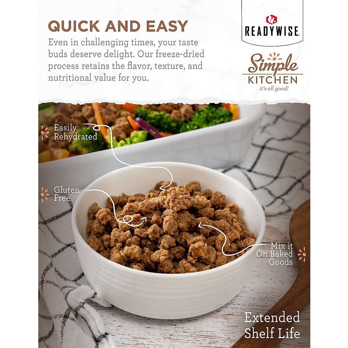 READYWISE - Simple Kitchen, Seasoned Ground Beef Crumbles, 22 Servings, MRE, Emergency Food Supply, Freeze Dried Meat, Freeze Dried Food, Canned Food, Ground Beef, Camping, Survival Food, 10 Can