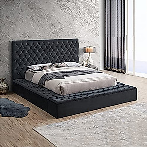 Pemberly Row Contemporary Velvet Upholstered Button Tufted Platform Queen Bed in Black