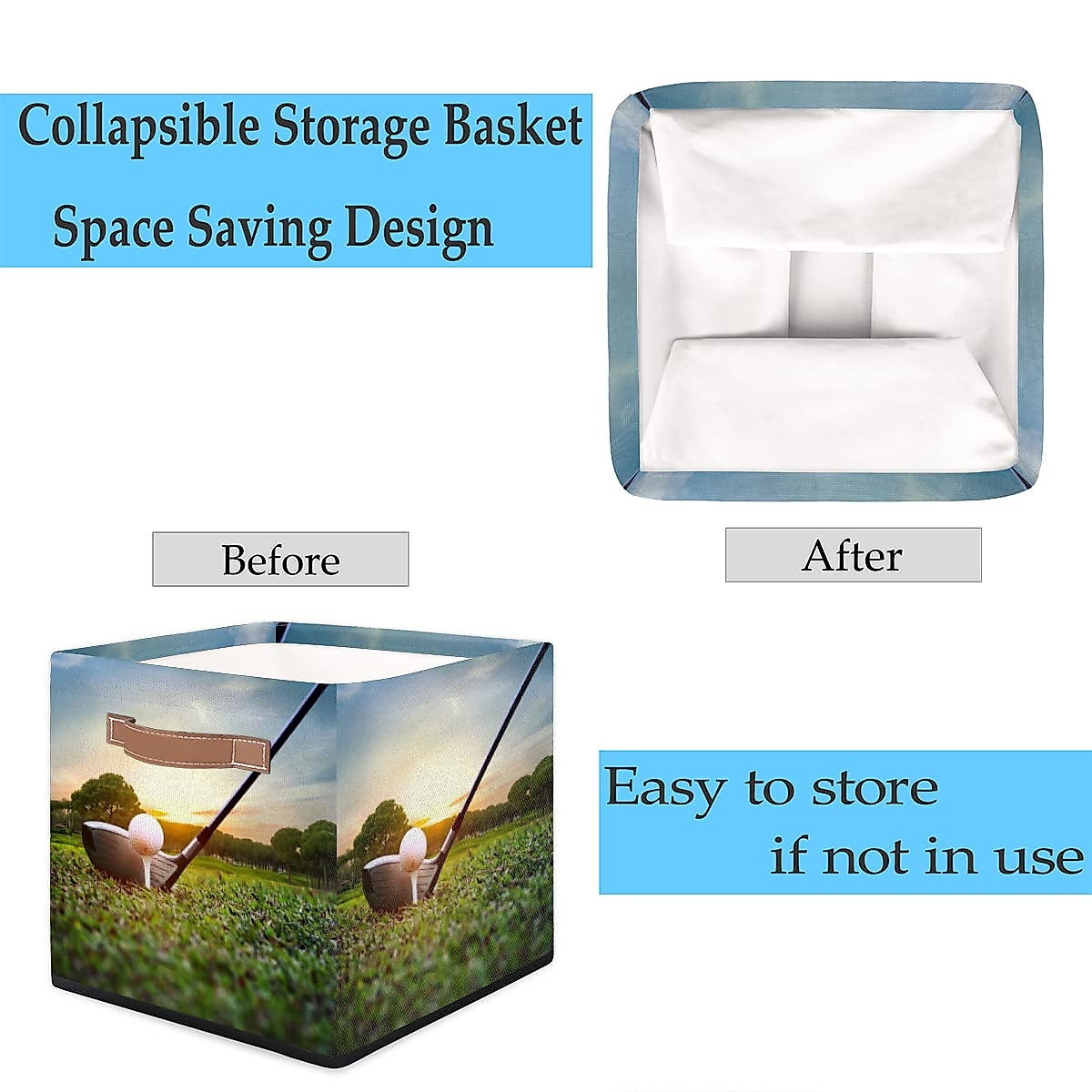 OMFUNS Sport Golf Ball Storage Basket 13x13 Art Painting Collapsible Cube Storage Bin with Handle Fabric Storage Box Organizing for Closet Shelf Home Office Dorm Nursery Toy Basket
