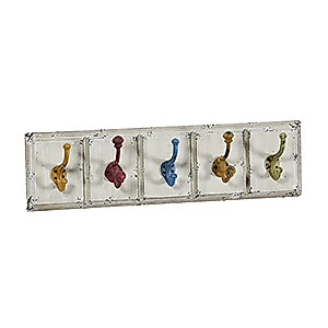 Deco 79 Wood 5 Hangers Wall Hook with Multi Colored Hooks, 24" x 4" x 7", White