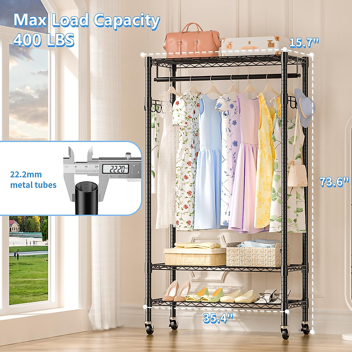 HEMTEN K3 Clothes Rack Heavy Duty Clothing Rack with 8 Shelves 4 Hang Rods, Adjustable Freestanding Metal Clothing Rack for Hanging Clothes, Portable Wardrobe Closet 14"W x 74"L x 74.8"H, Load 970LBS