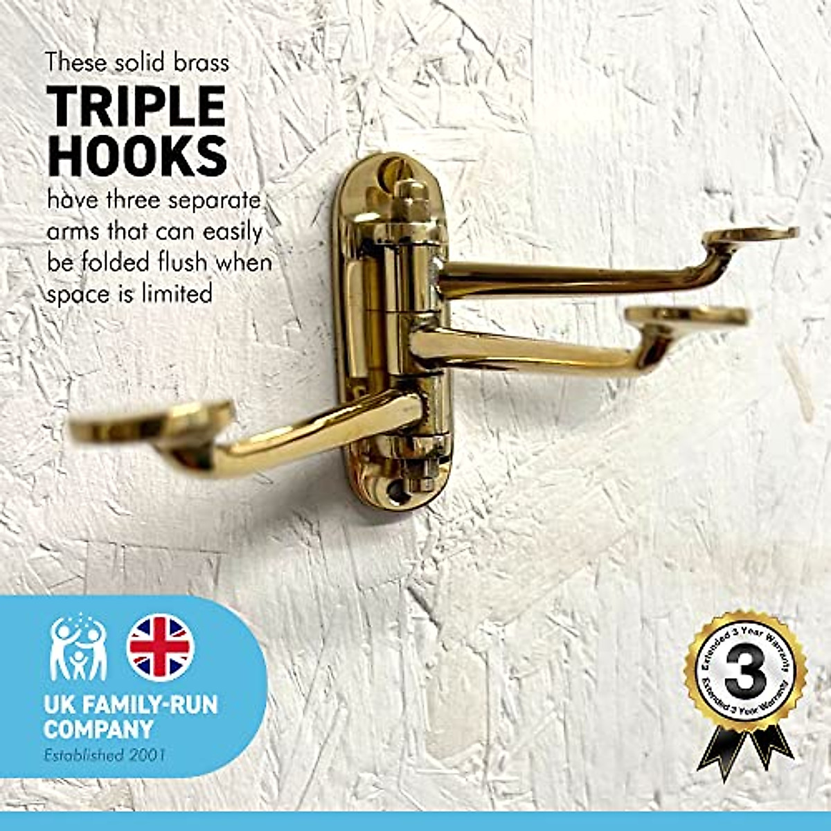 Three-Way Folding Coat Hook | Polished Brass Finish | | Wall Mounted for Bathroom Kitchen Bedroom | Captains Hook | independently swivelling arms | Versatile and Elegant