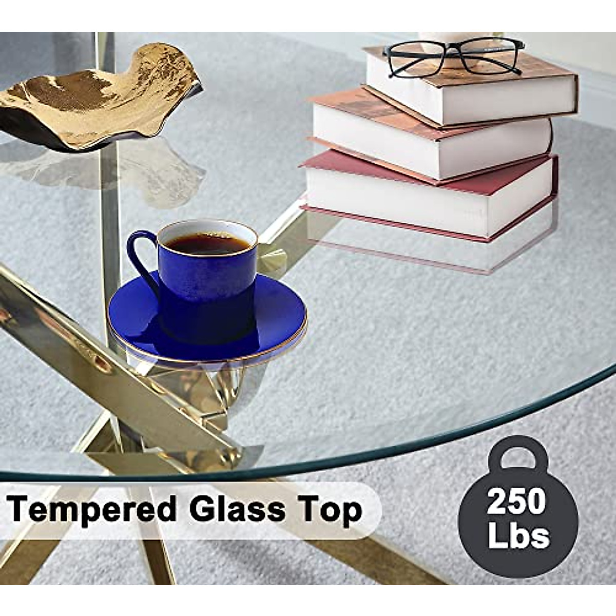 36" Round Dining Table for 4, Glass Kitchen & Dining Room Tables, Modern Circle Dining Room Table with 0.39" Tempered Glass Tabletop and Cross Stainless Steel Legs for Dinner Small Spaces