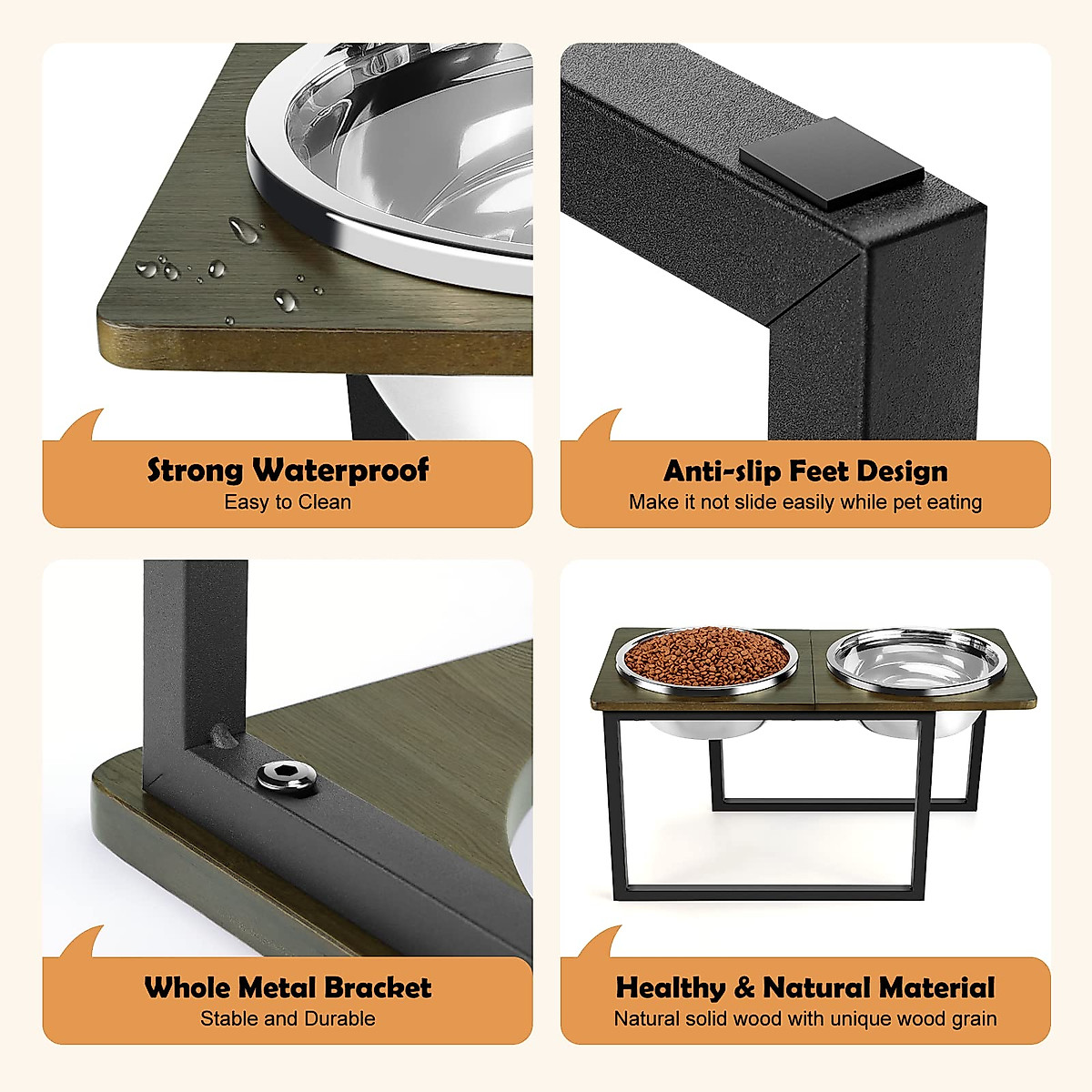 Siooko Elevated Dog Bowls for Large Dogs, Wood X-Large Dog Raised Dog Bowl Stand with Two 3.5L Stainless Steel Dog Food & Water Bowls for Extra Large Dogs Non-Slip Feet (11.8" Tall, 118 oz Bowl)