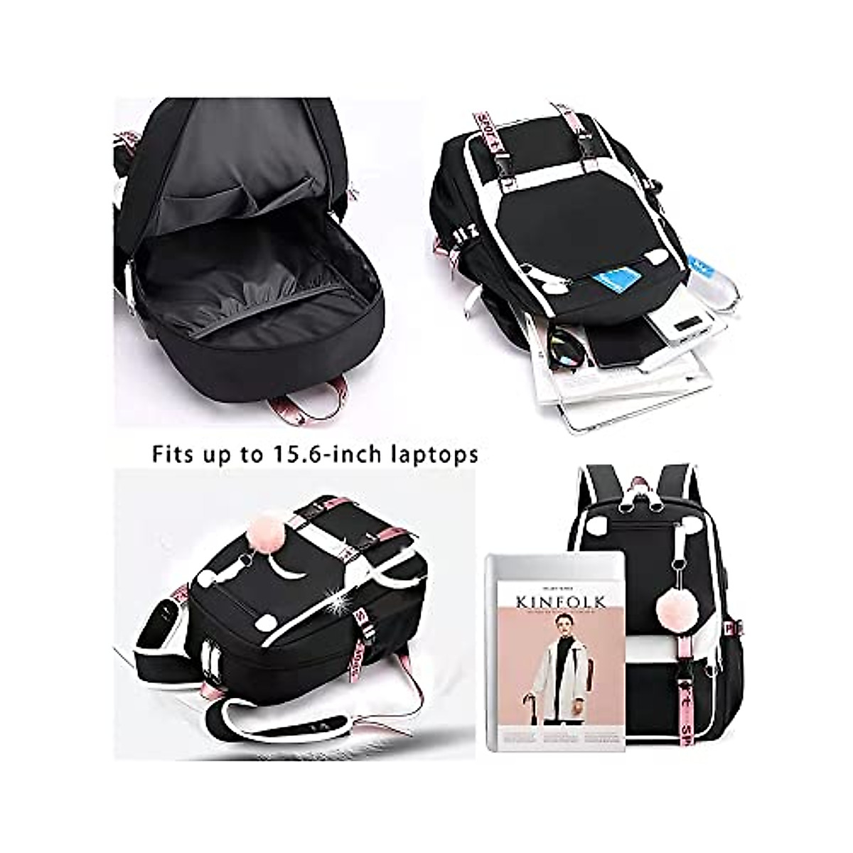 Rcuyyl Backpack Laptop bag School Bag Bookbag with Men Women USB Charging&Headphone Port Casual Daypack Outdoor Daypack (Black Pink,One Size)