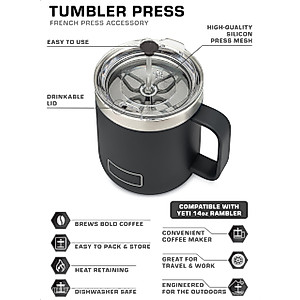 COLETTI Travel French Press compatible with YETI Rambler 14 oz — Travel Coffee Maker, Tumbler Accessories — Turn Your Tumbler Into a Travel Coffee Maker