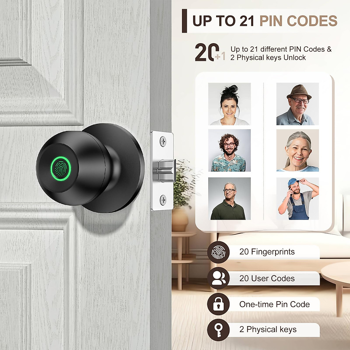 HEI LIANG Fingerprint Door Lock，Smart Door Knob, Smart Lock Biometric Door Lock Fingerprint Door knob with App Control Suitable for Bedroom,Utility Room,Apartments Offices,Hotels(Black)