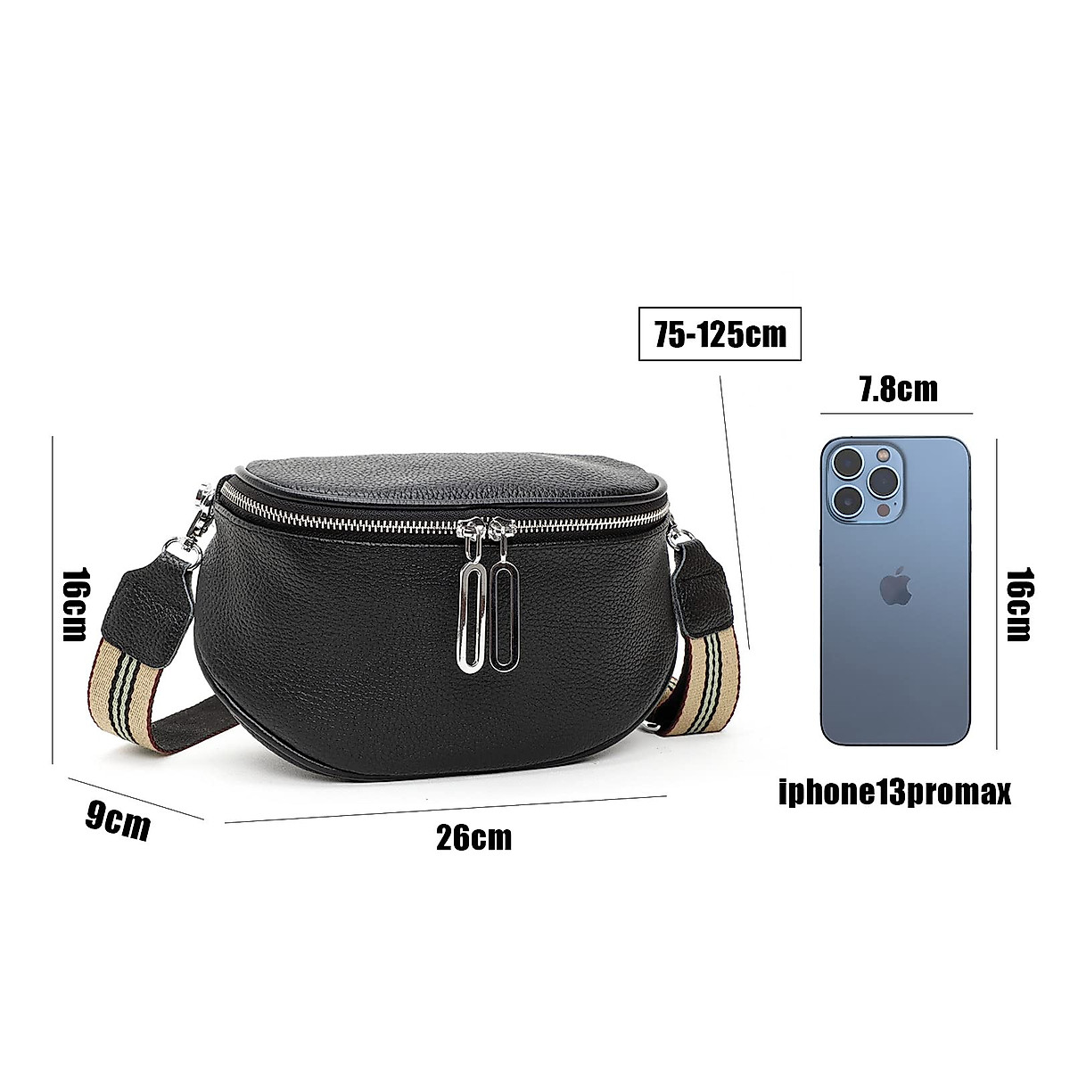 Fibrdoo Leather Crossbody Bag for Women, Elegant Shoulder Bag with Removable Strap Mobile Phone Purse, Leather Saddle Bag, Black