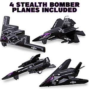 ArtCreativity Diecast Stealth Bomber Toy Jets with Pullback Mechanism, Set of 4, Diecast Metal Jet Plane Airplane Toys for Boys, Air Force Military Cake Decorations, Aviation Party Favors