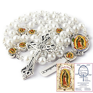 HanlinCC Glass Pearl Beads Our Lady of Guadalupe Epoxy Heart Metal Beads Rosary Necklace pack in Velvet Bag with Pray Card (White)