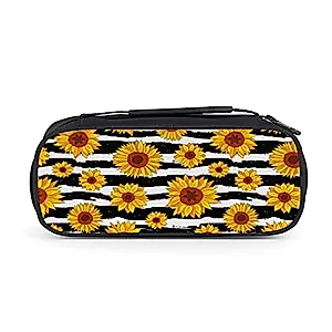 Yashilaiya Big Capacity Pencil Case Striped background sunflower Pencil Bag Zipper Pencil Box Cosmetic Bag Stationary Bag for Teenage Girls Travel Office Supplies