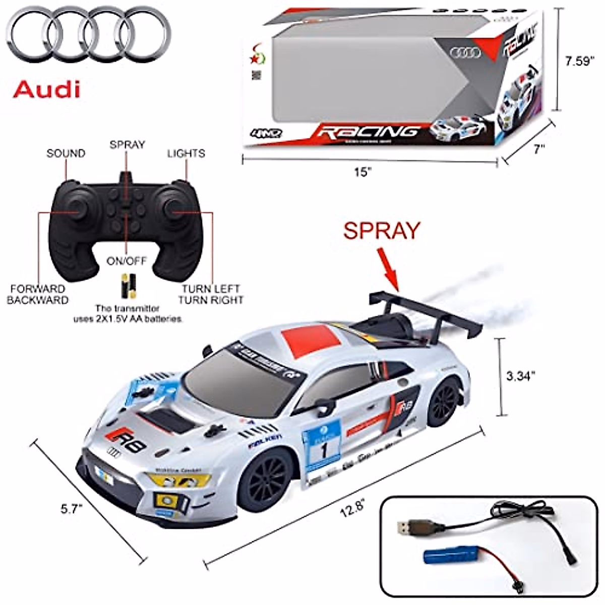 Liberty Imports Remote Control Car, RC Cars for Kids, R/C Audi R8 LMS GT3 1:14 Officially Licensed - 2.4GHZ Light Up Race Car Toy with Steam Jet Exhaust, Led Lights, and Sounds