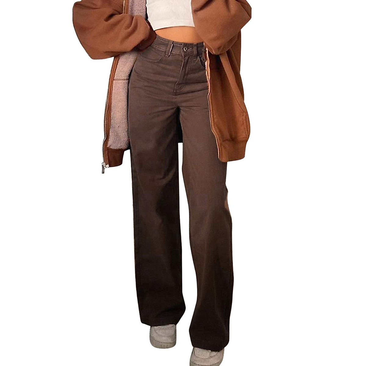 Women High Waisted Pants Wide Leg Denim Jeans Straight Casual Loose Baggy Trousers Vintage Y2K E-Girl Streetwear (Brown, M)