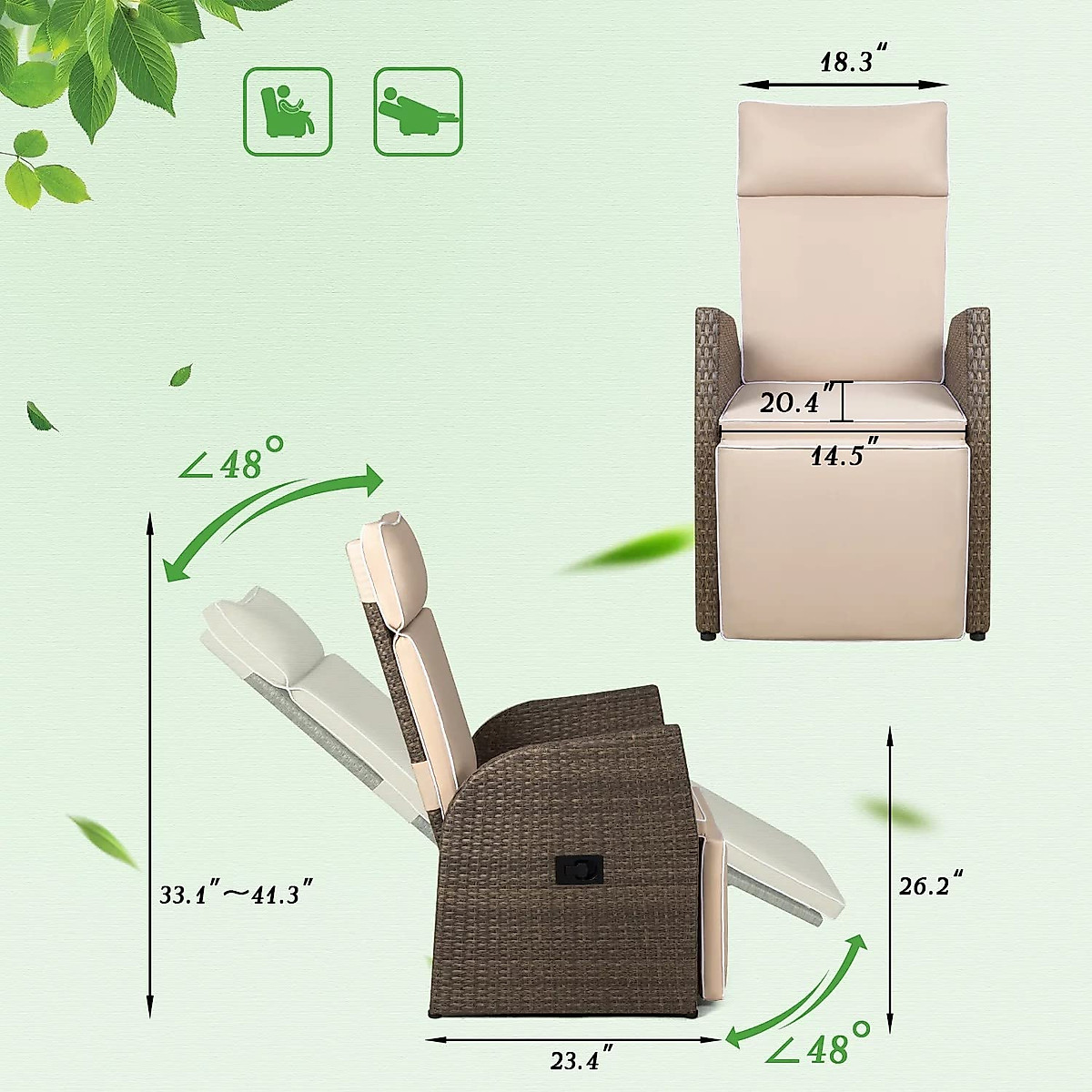 Greesum Patio Recliner All-Weather Wicker Lounge Chair with Flip-up Side Table(Set of Two), Beige