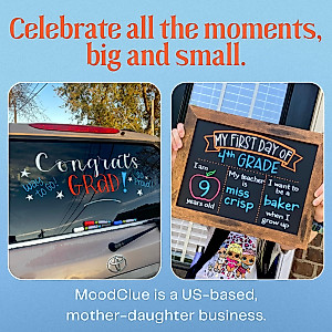 MoodClue liquid chalk markers for glass, mirrors, windows, car windshields, auto, white boards, glass boards, chalkboards. 6 neon. Reversible - thick, thin tip. Washable, erasable. Wet or dry erase.