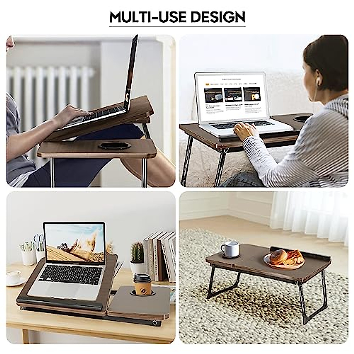 Laptop Desk for Bed, Bed Table for Laptop, Laptop Stand for Desk, Folding Laptop Lap Desk with 5 Adjustable Angles, Bed Tray with Cup Holder, TV Tray Table for Eating Reading Working on Bed Couch Sofa