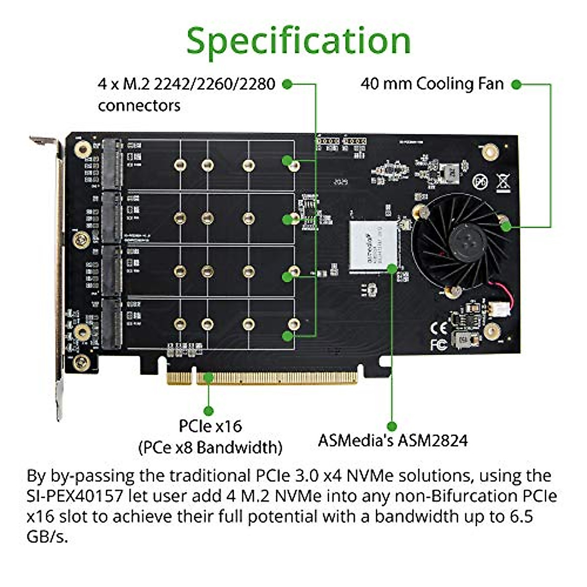 Syba Quad M.2 NVMe Ports to PCIe 3.0 x16 Interface x8 Bandwidth Bifurcation Riser Controller - Support Non-Bifurcation Motherboard (SI-PEX40157)