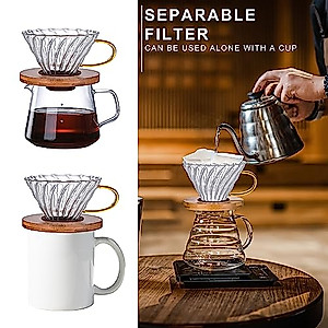 Gute Glass Coffee Dripper/Filter - Cone Glass Pour Over Coffee Dripper with Bamboo Stand & Handle, 1-4 Cups Drip Coffee Maker Funnel Accessories for Home, Office