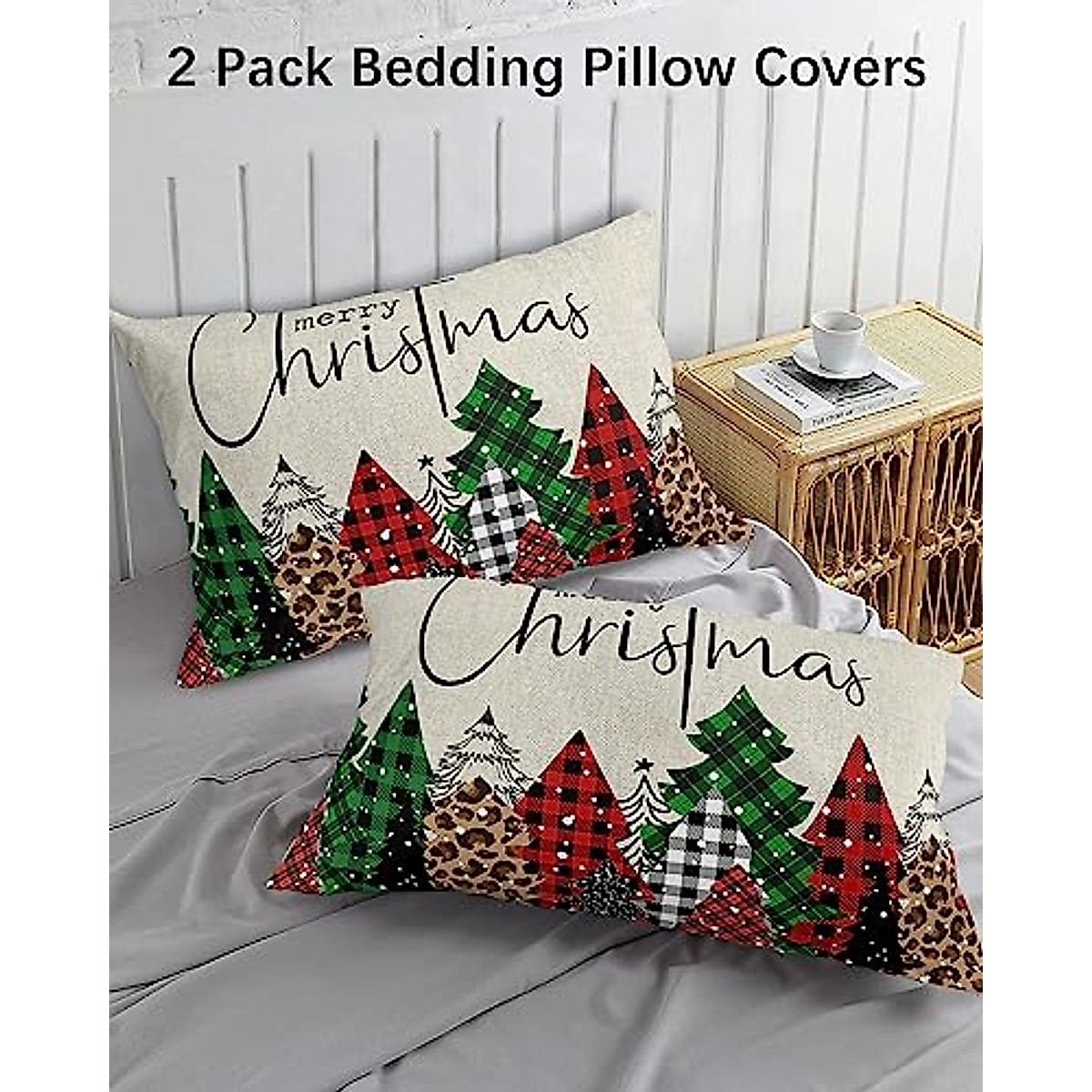 Christmas Tree Pillow Covers Standard Size Set of 2 Bed Pillow, Farmhouse Buffalo Plaid Winter Snowflake Plush Soft Comfort for Hair/ Skin Cooling Pillowcases with Envelop Closure 20x26 Inches