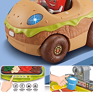 Burger Car Kids’ Kitchen Playset: 3 Pretend Play Toys in 1 with Fun Lights & Sounds, Includes Burger-Shaped Toy Car, Toy Food, Toy Grill & Toy Restaurant/Food Truck for Kids 3 & Up