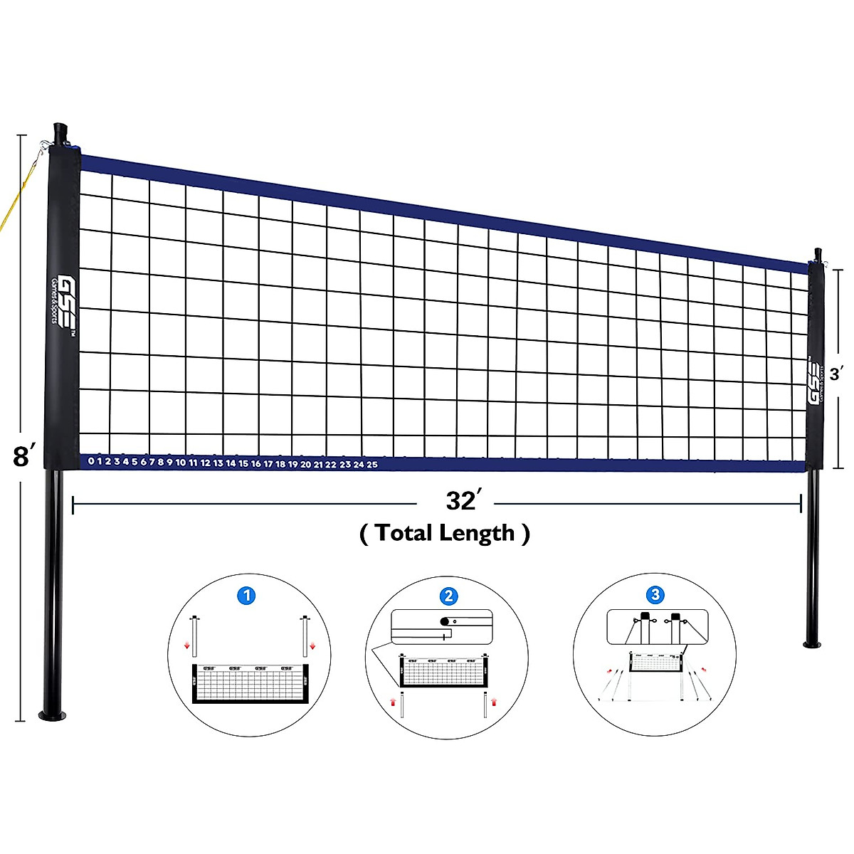 GSE Portable Volleyball Complete Set for Outdoor Backyard, Lawn, Park, and Beach. Professional Volleyball Net System with Poles, Volleyball & Pump, Boundary Line, and Carrying Bag(Recreational)