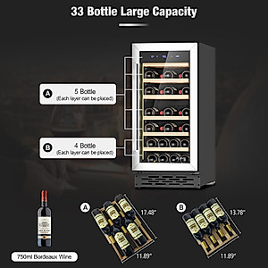 JINJUNYE 15Inch Wine Cooler Refrigerator,33 Bottle Wine Fridge Temperature Control, Built-in or Freestanding Wine Cellar for Red, White, Champagne, Sparkling Wine for Home Office Bar Stainless Steel
