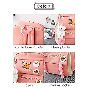 5pcs Cute Aesthetic Backpack Set for Girls Kawaii Large Canvas Shoulder Bag Preppy School Accessories (Purple)