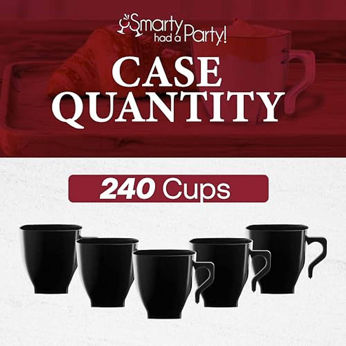 Smarty Had A Party 2 oz Black Plastic Tea Cups with Handles Set of 240 Disposable Mugs for Tea Parties, Espresso, and Coffee, Elegant Small Drinkware for Events