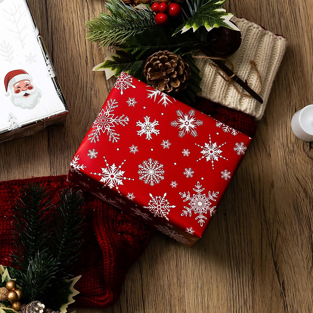 Homeral Reversible Christmas Wrapping Paper Roll - Metallic Shine Santa, Sleigh, Reindeer, Stripe, Plaid, Letterings, Snowflake for Christmas, New Year Celebration - 3 Rolls - 17 x 120 Inch Per Roll