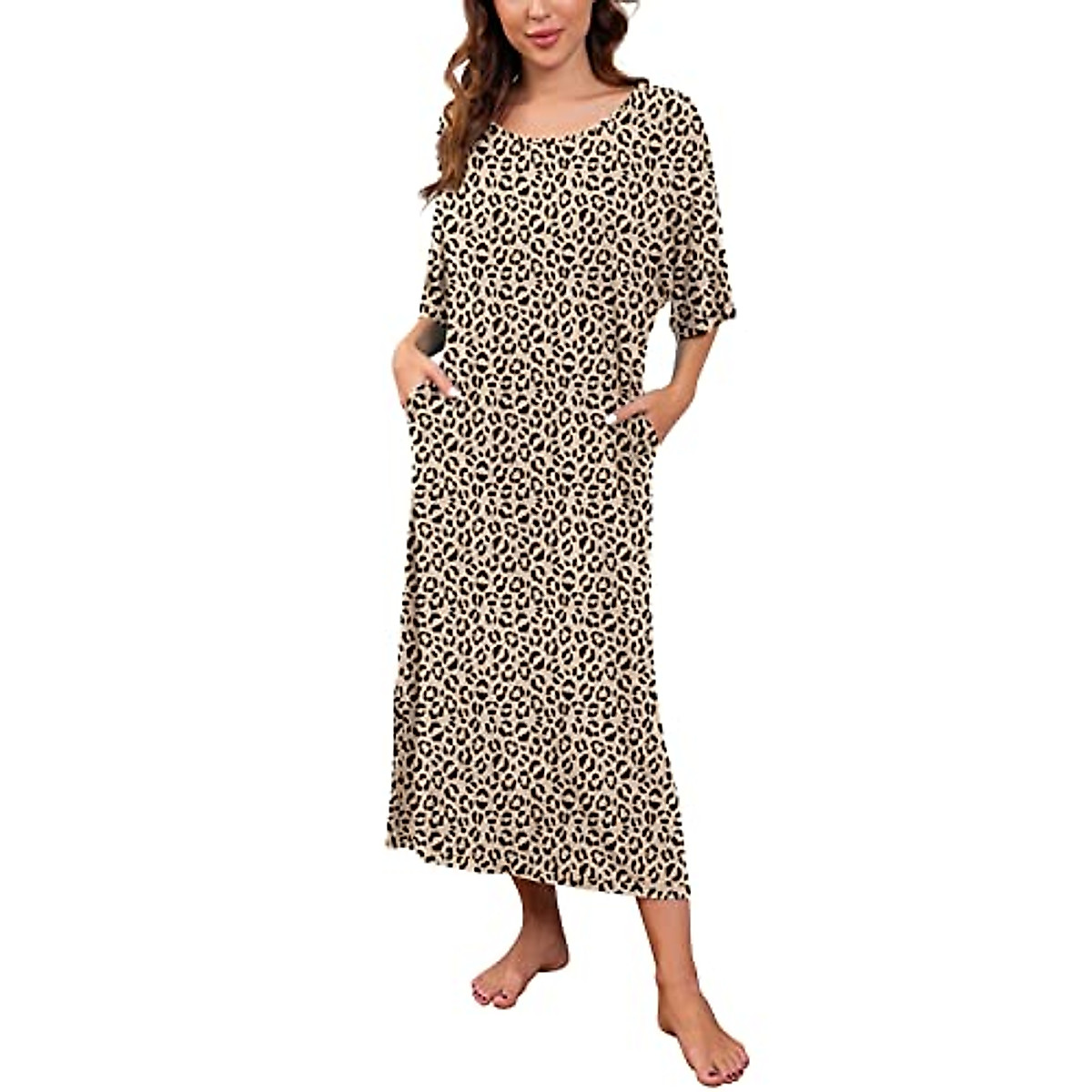 PrinStory Womens Long Nightgown Round Neck Nightshirts Short Sleeve Loose Loungewear Casual Sleep Dress With Pockets FP-Leopard Khaki-X-Large