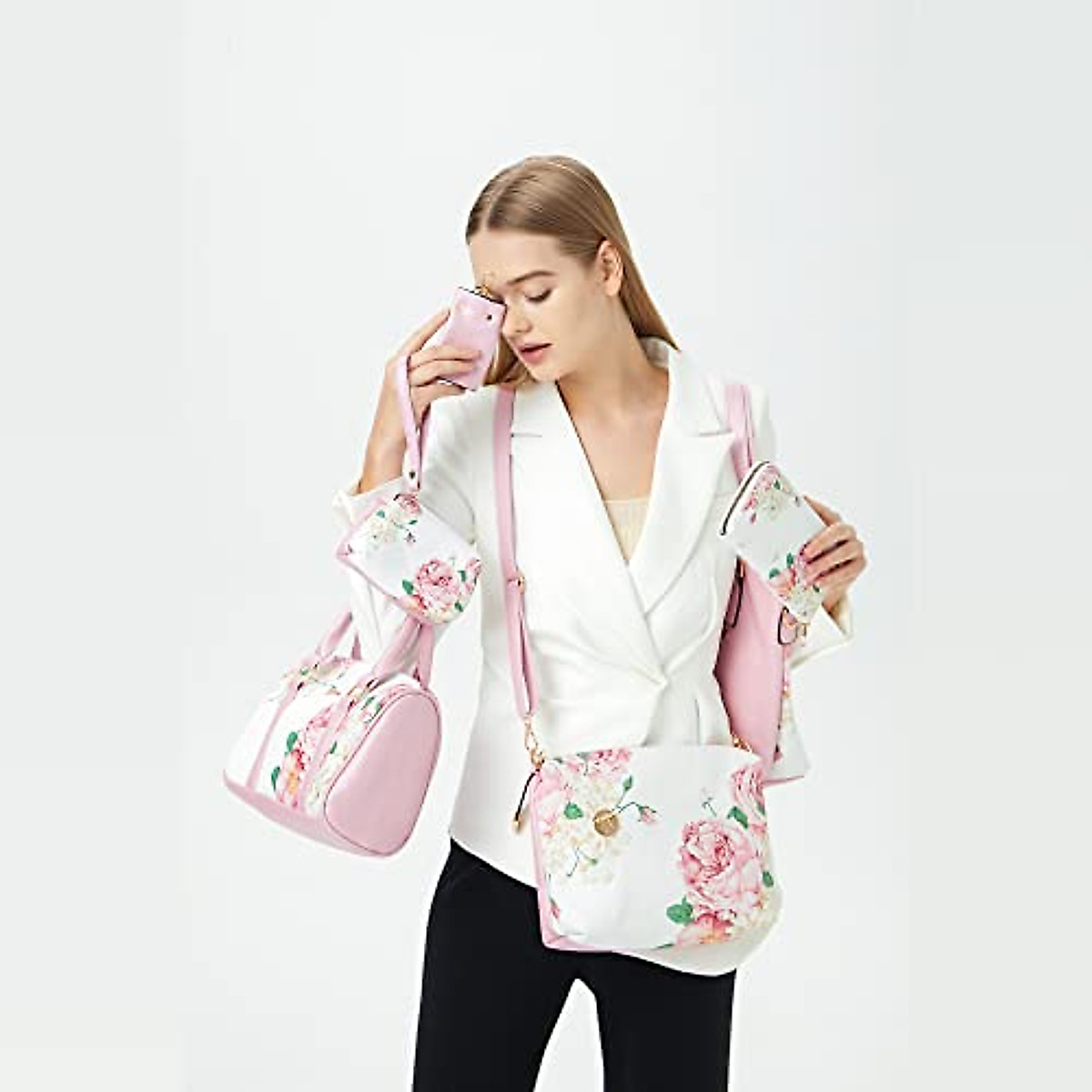 2E-youth Purses And Handbags For Women Satchel Shoulder Bag Top Handle Tote Bag Hobo Purses Set(1C-pink&white)