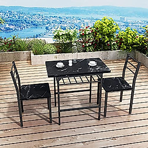 Voohek Modern 3-Piece Dining Room, 1 2, Lower Shelf & High Backrest, Printed Marble Finish, Black Table and Chair Set