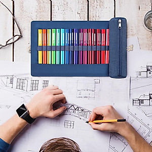 FINPAC Pencil Case, Large Capacity Roll-Up Pencil Pouch Wraps, Pen Pouch Stationery Storage Organizer, Office Stationery Supply, Navy