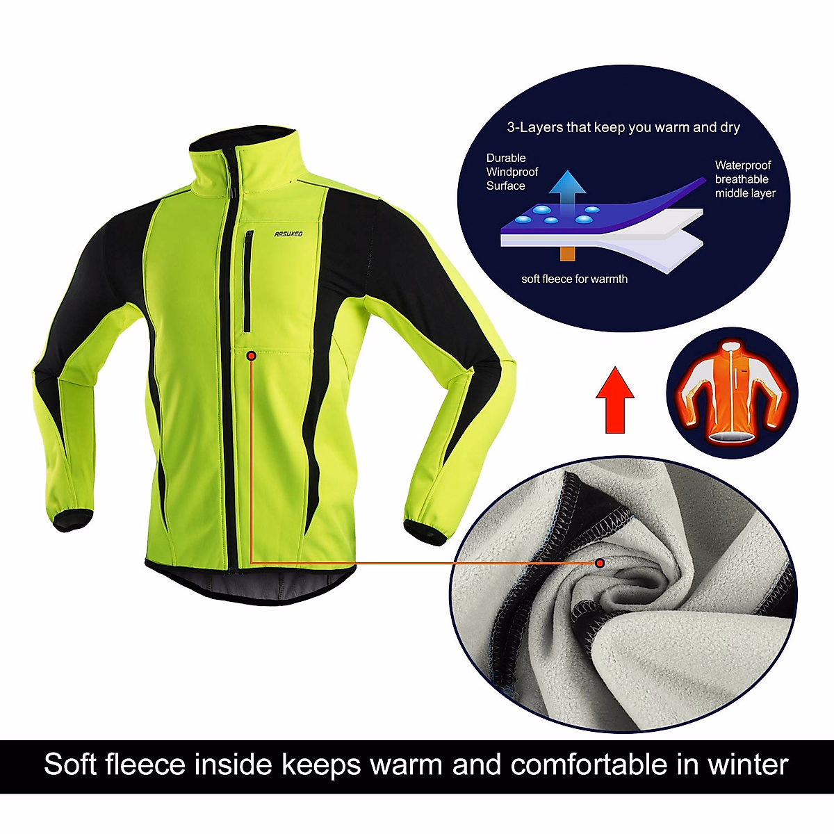 ARSUXEO Winter Warm UP Thermal Softshell Cycling Jacket Windproof Waterproof Bicycle Mountain Bike Clothes 15-K Green Size Large