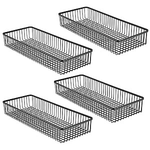 mDesign Metal Farmhouse Kitchen Cabinet Drawer Organizer Basket Tray, Shallow Storage Bin for Cutlery, Serving Spoons, Cooking Utensils, Appliances, Gadgets, Unity Collection, 15" Long, 4 Pack, Black
