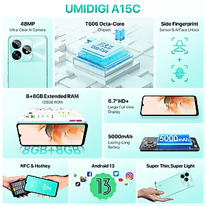 UMIDIGI A15C (8+8GB RAM+128GB ROM) Android 13 NFC Unlocked Cell Phone，48MP Ultra-Clear AI Camera Mobile Phone,5000mAh Battery Smartphone,6.7" HD Full View Display Dual Unlock Phone-Space Gray