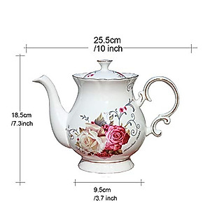 Jomop European Style Ceramic Flower Teapot Coffee Pot Water Pot Porcelain Gift Large 5.5 Cups (1, Rose)