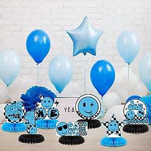 Memorywuu 12 Pcs One Happy Dude Honeycomb Centerpiece Blue One Happy Dude 1st Birthday Party Decoration Birthday Centerpiece Table Decorations Smile Face Table Topper for Baby Shower Birthday Party