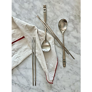 cozymomdeco Korean Made Silver Color Cutlery Spoon Chopsticks 18-10 Stainless Steel Printed Traditional Pattern_2 SET