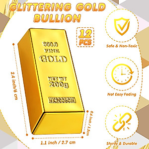HyDren 24 Pcs Fake Gold Bar Set Includes 12 Pcs 2.4inch Mini Replica Brick 12 Pcs Drawstring Pouch Bag 6.3x4.8inch Halloween Pirate Costume Prop
