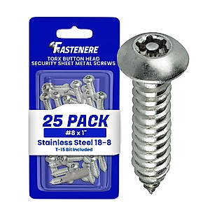 Fastenere Torx Security Sheet Metal Screws - #8 x 1" (25-Pack) Button Head, Tamper-Resistant, Anti Theft Stainless Steel Screws for Higher Level of Safety & Secure Fastening Solution