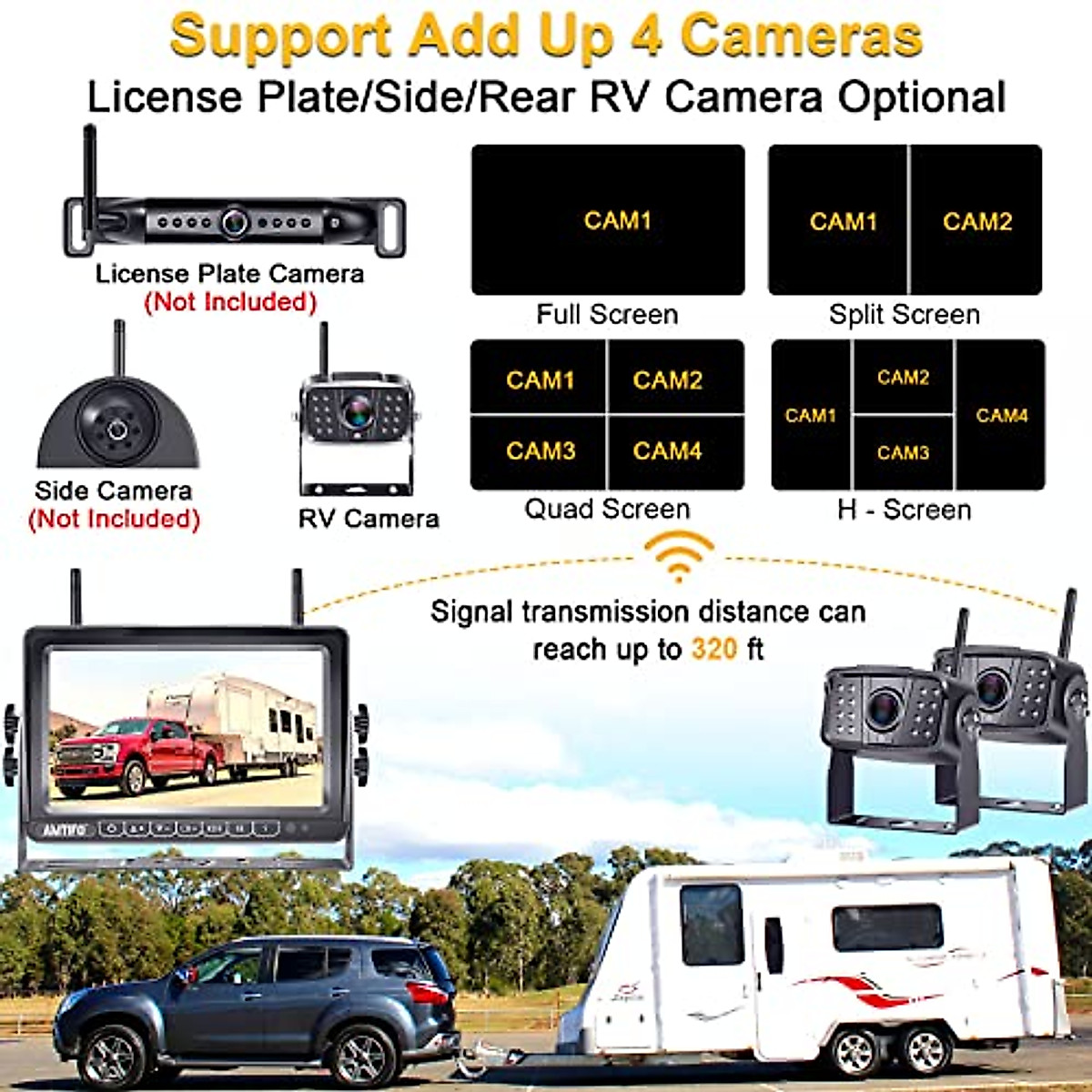 AMTIFO RV Backup Camera Wireless HD 1080P Bluetooth 2 Travel Trailer Rear View Cam System 7 Inch DVR Monitor Truck Camper Infrared Night Vision Reverse Cameras Adapter for Furrion Pre-Wired RVs A9