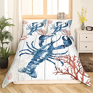 Erosebridal Lobster Duvet Cover King Coral Bedding Set Marine Life Seaside Vintage Farmhouse Comforter Cover Blue Red Watercolor Ocean Wild Animals Botanical Wooden Grain Retro Quilt Cover