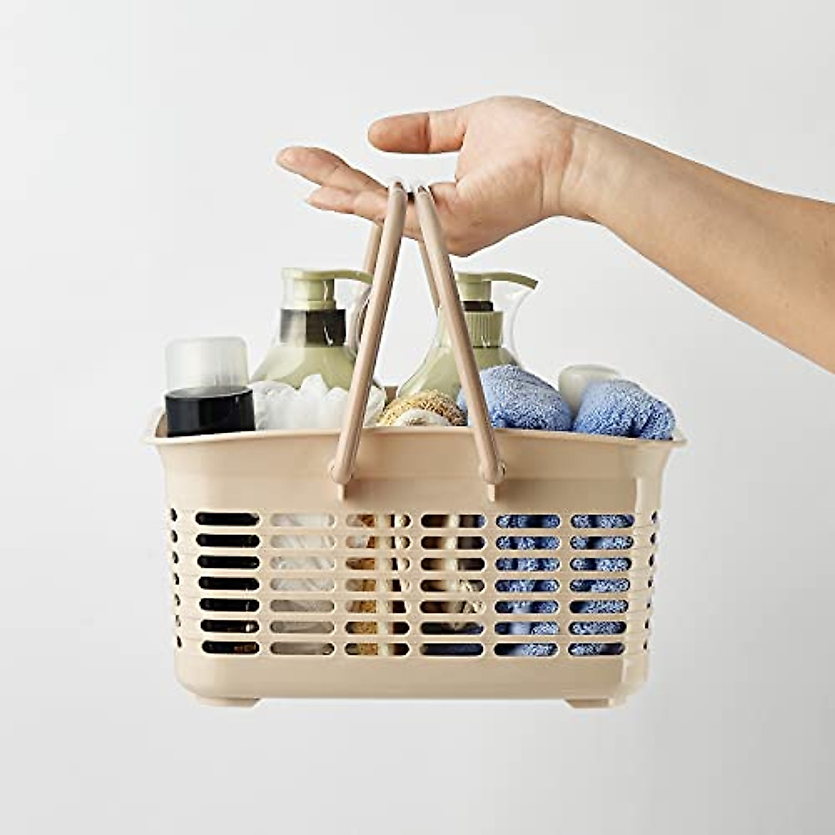 ALINK Plastic Shower Caddy Basket with Handle, Portable Organizer Storage Basket for College Dorm, Bathroom, Kitchen - Khaki