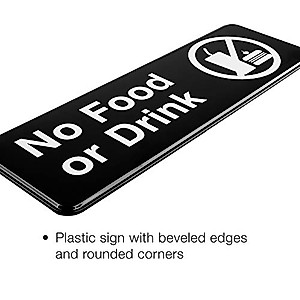 Excello Global Products No Food or Drink Sign: Easy to Mount Informative Plastic Sign with Symbols 9” x 3”, Pack of 3 (Black)