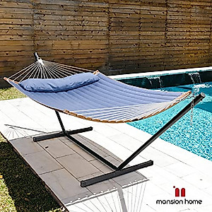 Mansion Home Two Person Hammock with Stand, Outdoor Hammock with Curved Spreader Bar, Hammocks for Outside with Stand, Pillow and Portable Bag, Blue