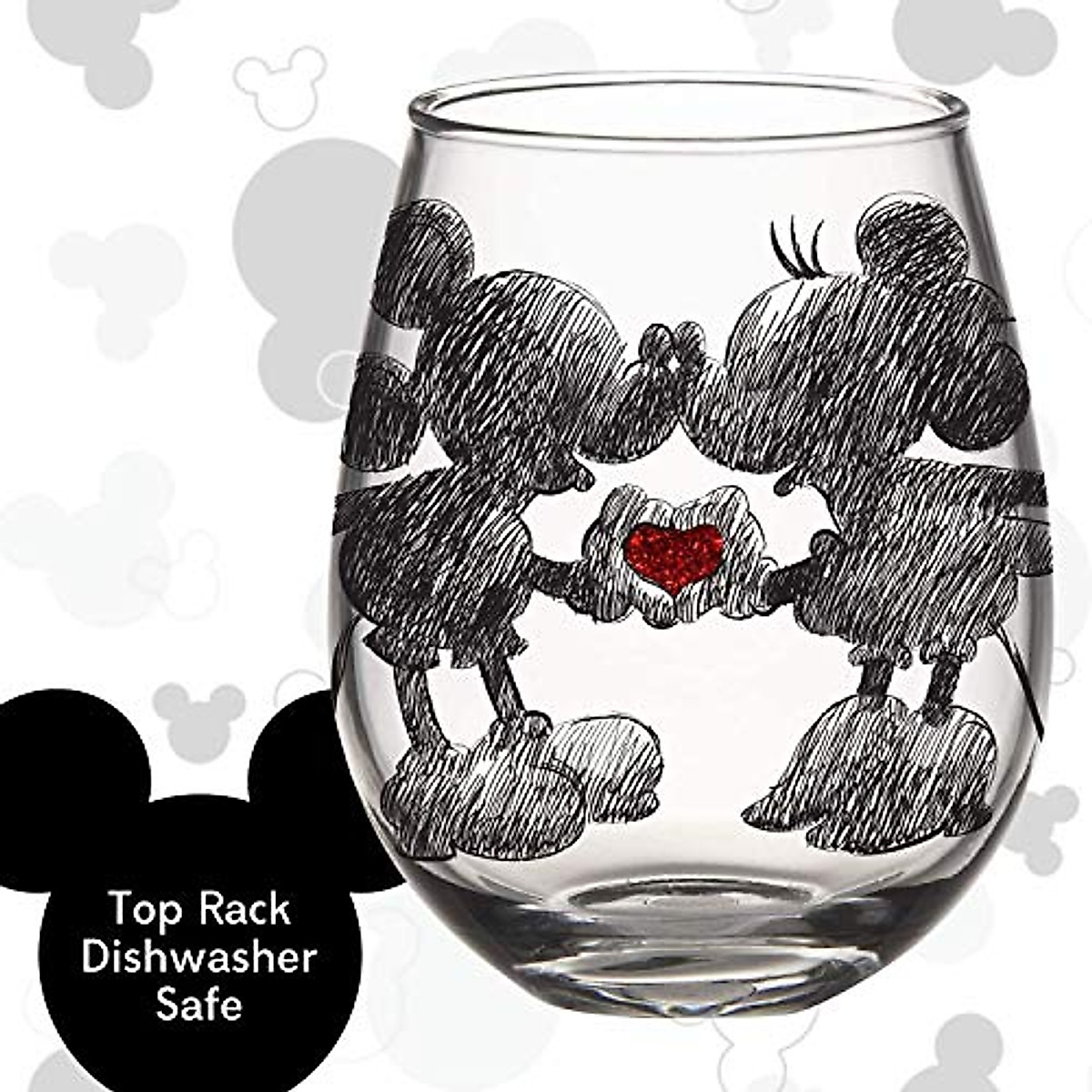 Silver Buffalo Disney Mickey and Minnie Classic Heart Glitter Stemless Wine Glass, 20 Ounces